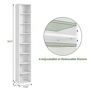 Bamjoy 71 Inches Tall Narrow Bookshelf, 8-Tier CD DVD Slim Media Tower Rack, Corner Bookcase with Adjustable Shelves, Skinny Cubes Bookshelves for Home Office Small Space, White