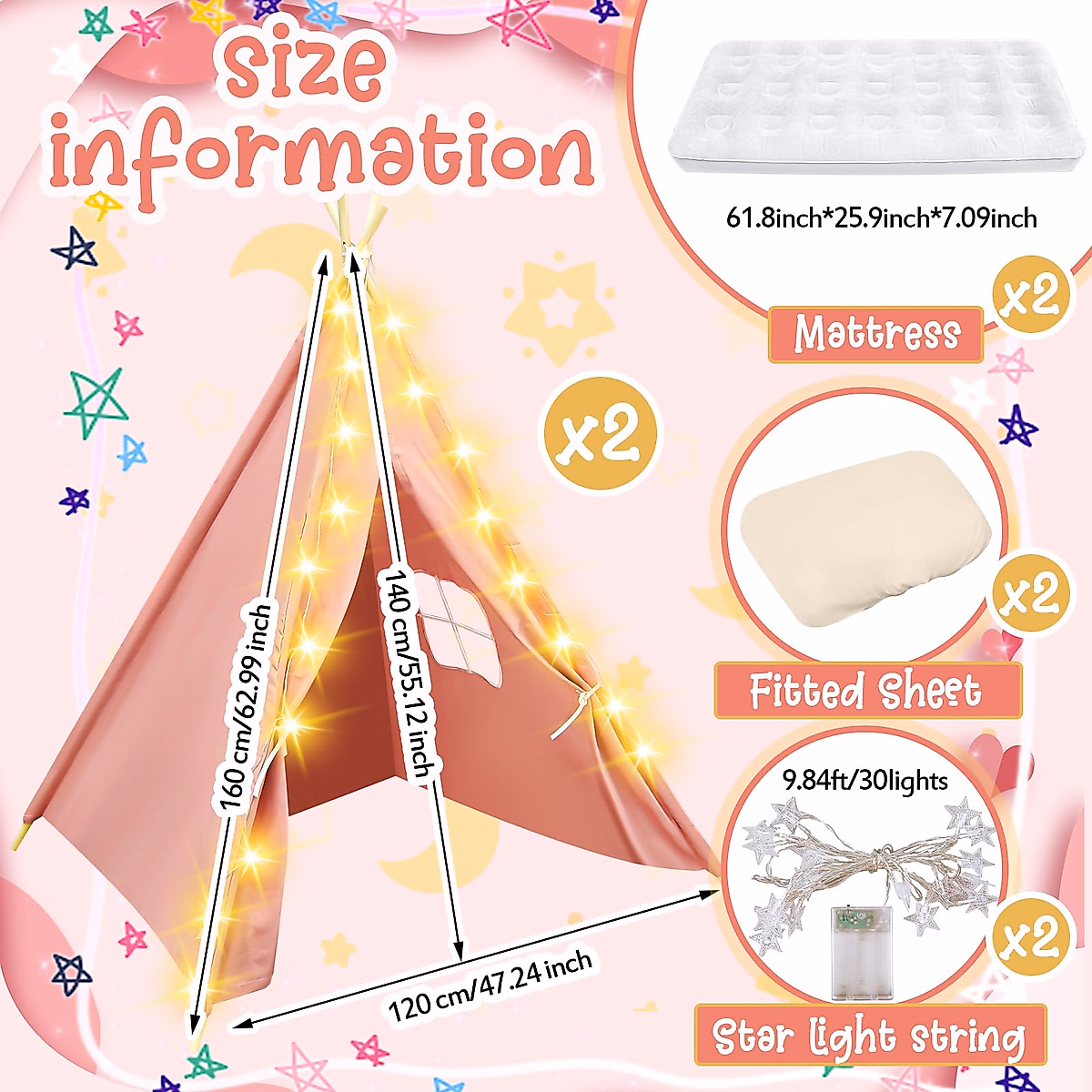 Windyun 2 Pack Kids Teepee Tent Bulk with Light String & Inflatable Airbed & Bedding Fitted Sheet, Natural Cotton Toddler Play Tent Washable Foldable Tent for Girls Boys Indoor Outdoor (Pink)