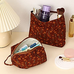 MHDGG 2 Pieces Makeup Bag Set Large Travel Makeup Bag Floral Cosmetic Bag Makeup Bag Pouch Travel Cosmetic Organizer for Women,Brown