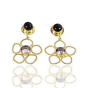 Indian Artisan Made Black Onyx And Mystic Quartz Flower Shaped Designer Earrings (Yellow Gold Plated)