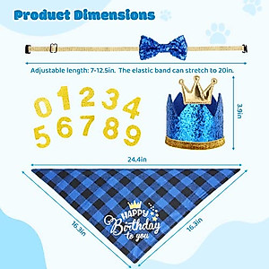 Dog Birthday Costume Set, Boy Dog Birthday Crown Hat Plaid Bandana with Bowtie and Numbers 0-9, Dog Triangle Birthday Scarf Outfit Set for Small, Medium, Large Dogs, Blue