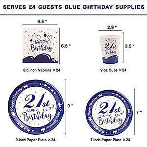 21st Birthday Decorations for Her/Him, 96pcs Happy Birthday Plates and Napkins Navy Blue Party Tableware Set Party Supplies Paper Plates Napkins Cups 21st Birthday Plates - Serves 24 Guests