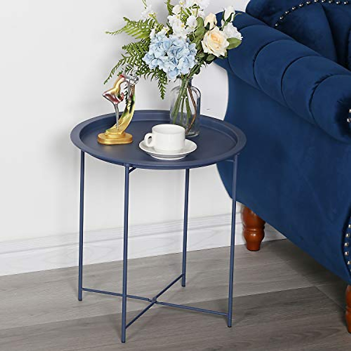 VECELO Modern End Side Tables,Round Metal Foldable Tray,Stable Snack Nightstand for Outdoors,Small Space,Living Room and Balcony, Blue, 18.5 in x 18.5 in x 19.7 in