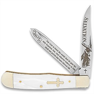 Salvation Pearl Trapper Pocket Knife | Laser Etched Stainless Steel Blades | John 3:16 | Jesus Christ Carrying Cross | Elegant Faux Pearl Handle Scales | Nickel Silver Bolsters | Closed Length 4"