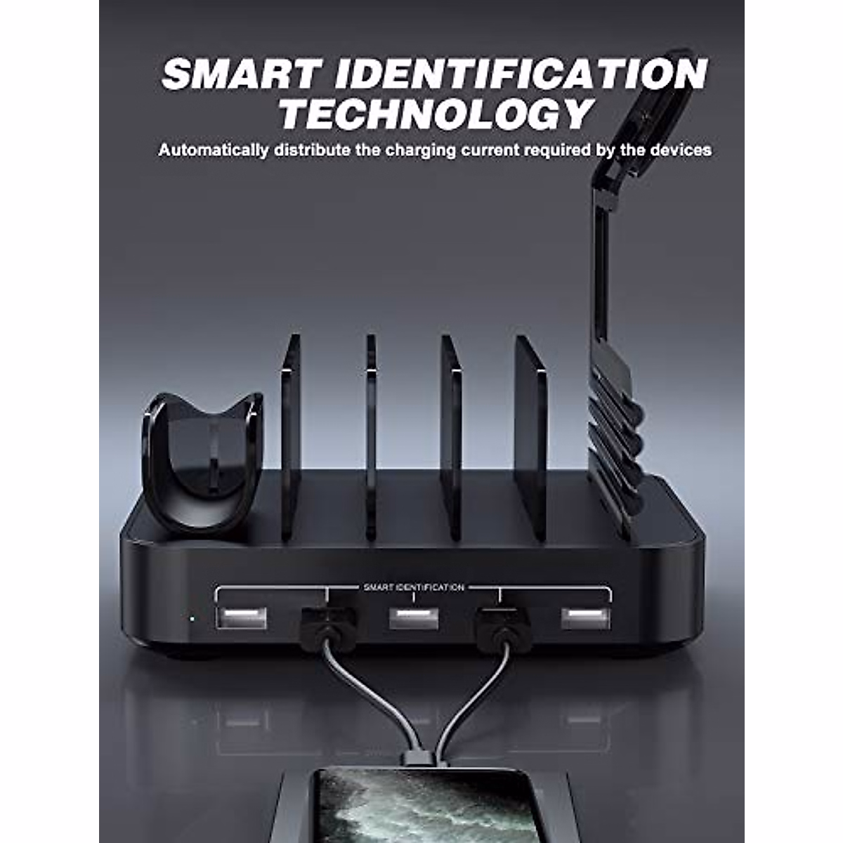 Charging Station for Multiple Devices, 50W Multi USB Charger Station,5 Ports Charging Dock with 8 Short Mixed Cables Watch & Airpod Stand Included for iPhone, iPad, Cell Phone, Tablets