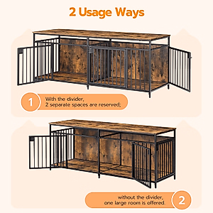 HOOBRO Dog Crate Furniture, 62.9" Dog Kennel Indoor End Table with Removable Divider, Three Doors Wooden Cage for Large/Medium/Small Dog, Heavy-Duty Chew-Resistant, Rustic Brown and Black BF160GW03