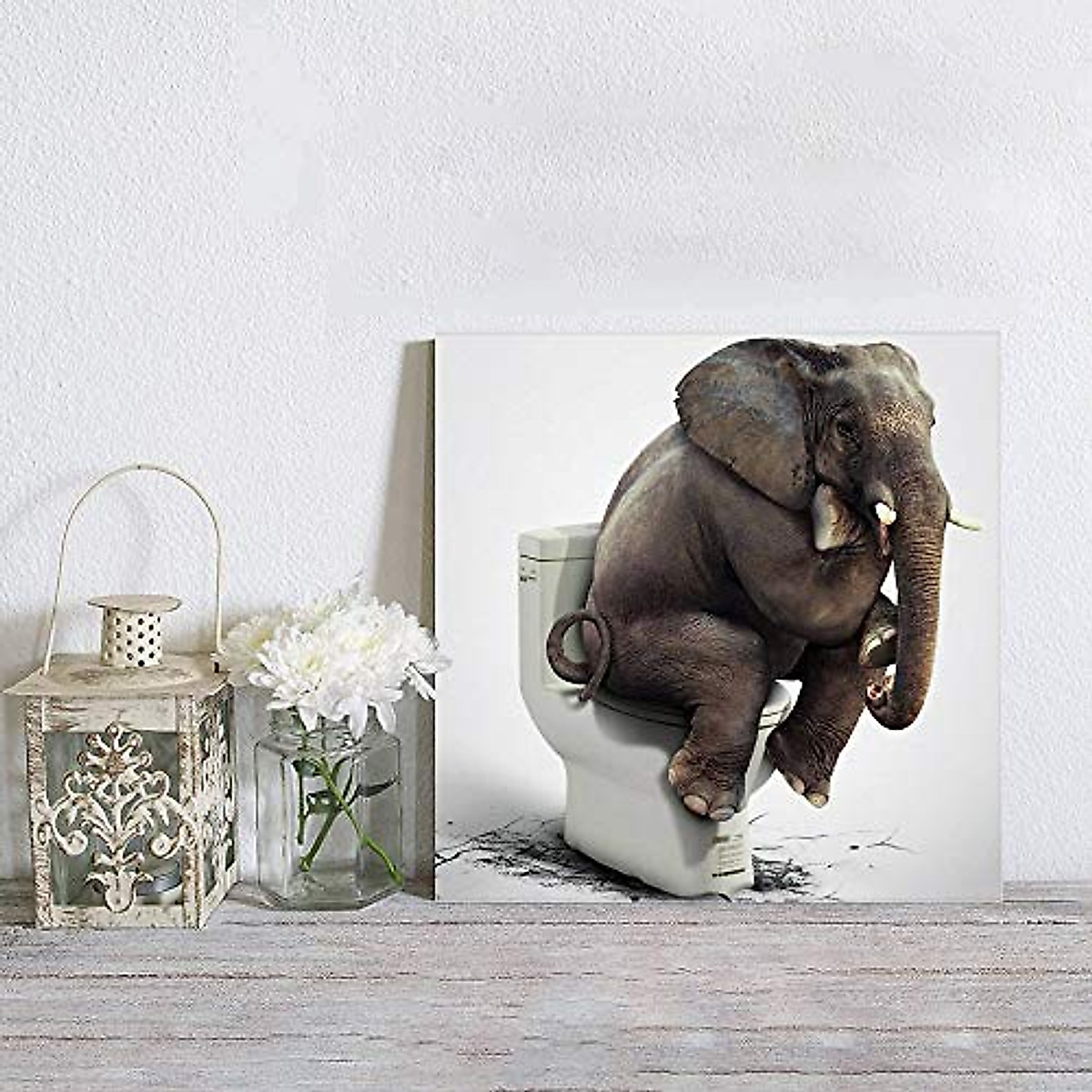 Chucoco Oil Paintings on Canvas Funny Elephant Sitting on the Toilet Abstract Wall Art Print with Framed Ready to Hang, Living Room Kitchen Bedroom Home Decorations 20x20 inch