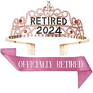 2024 Retirement Tiara & Sash - Officially Retired Sash & Crown for Parties, Events, Gifts, Favors, and Decorations (Pink)