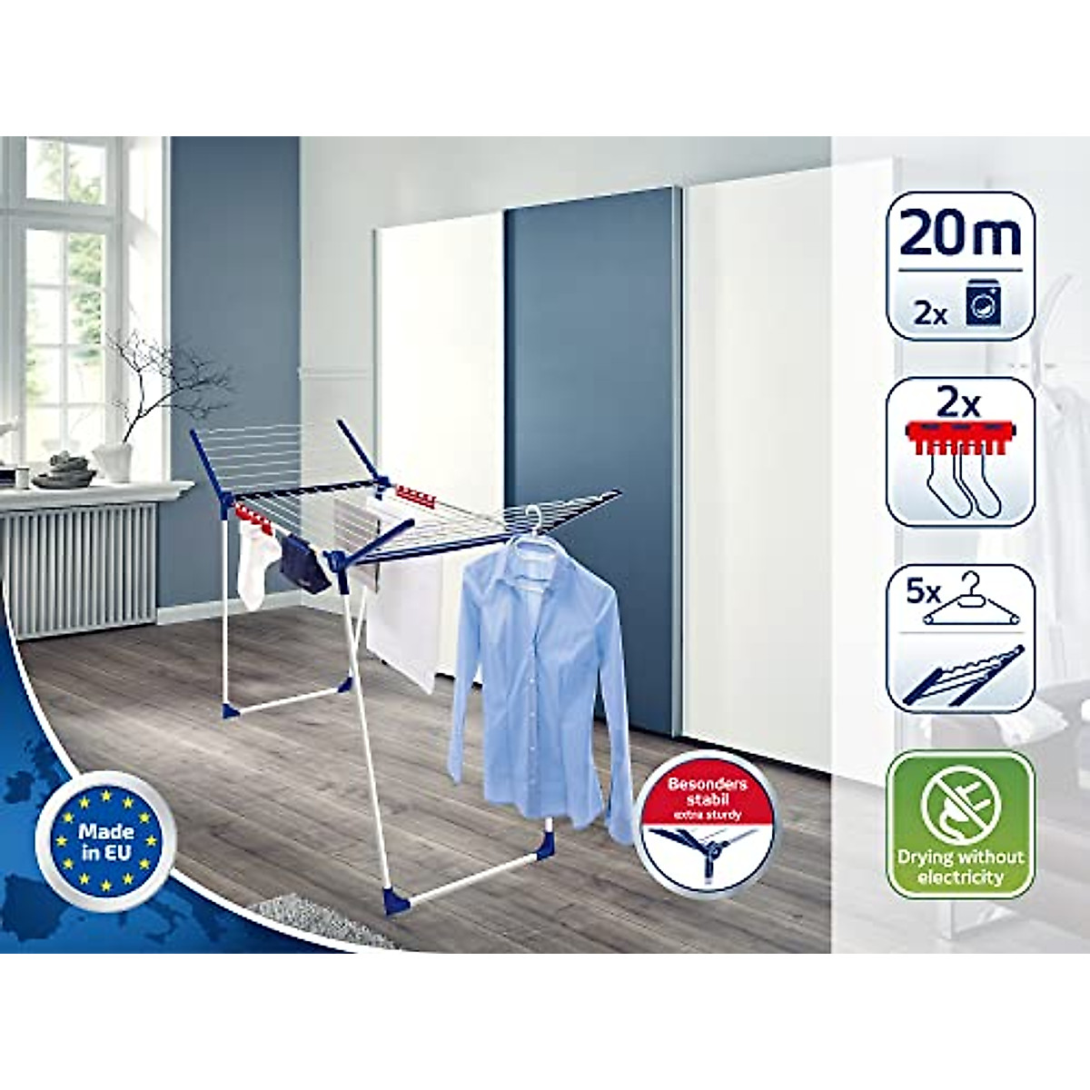 Leifheit Pegasus 200 Solid Comfort Laundry Dryer, 20m with peg Bag, Blue/White