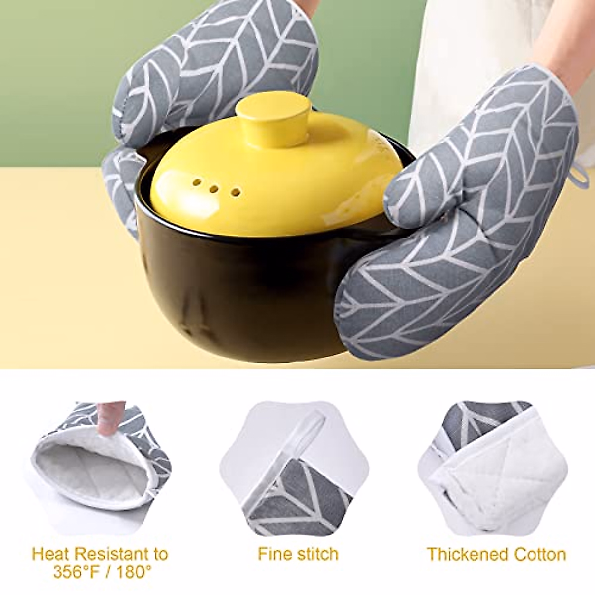 AUAUY Oven Mitts and Potholders BBQ Gloves-Oven Mitts and Pot Holders with Recycled Infill Silicone Non-Slip Cooking Gloves for Cooking Baking Grilling (6-Piece Set,Grey)