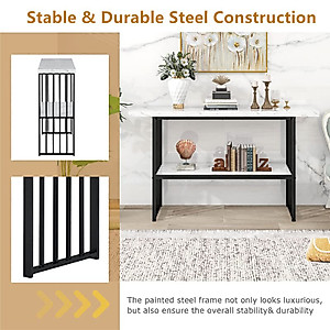 Qiyom 63" Modern Console Table for Entryway, Faux Marble Entryway Table with Storage Shelf and Metal Frame, Extra Long Sofa Table for Behind Couch, Hallway, Living Room - Black & White
