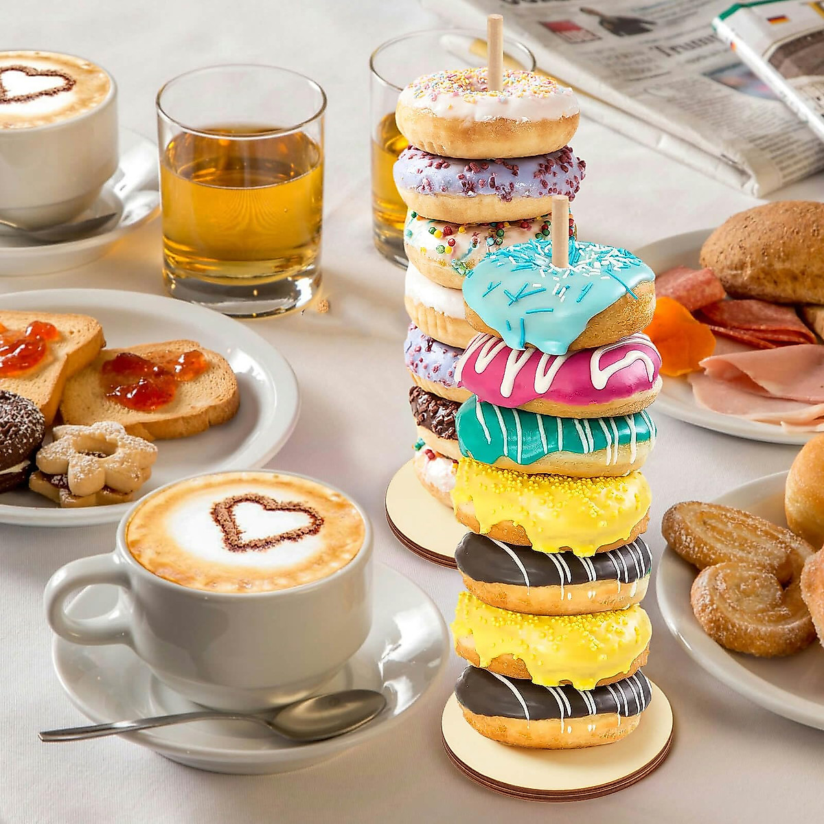 YGAOHF 5 PCS Reusable Wooden Donut Stands for Dessert Table - Detachable Doughnut Holder Bagels Display Stand Holder for Wedding Birthday Christmas Party Supplies