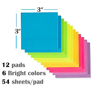 Pop-up Sticky Notes,3x3 in,12 Pads,Bright Colors Super Sticking Power Memo Pads, 6 Colors, Strong Adhesive
