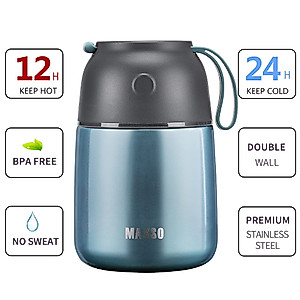 MAXSO Soup Thermo for Hot & Cold Food for Adults Kids, 17 oz Vacuum Insulated Steel Lunch Container Bento Box with Spoon, Leakproof Thermal Food Jar for School Office Travel - Shinny Blue