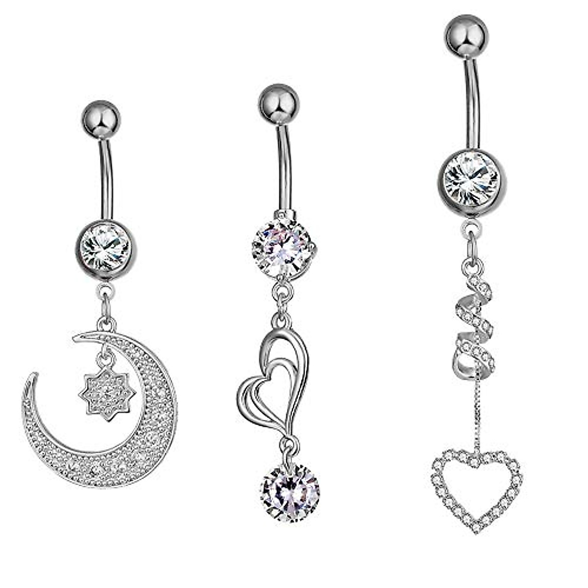 NASAMA 14G Stainless Steel Belly Button Rings for Girls Women CZ Navel Body Piercing Jewelry (Steel color)