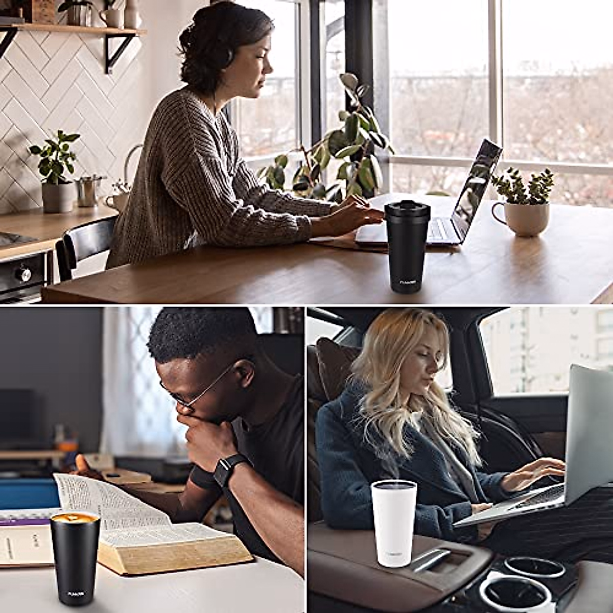 Funkrin Insulated Travel Coffee Mug with Ceramic Coating, Personalized Gifts for Men Women, 16oz Stainless Steel Tumbler with Flip Lid Portable Handle, Double Wall Leak-Proof Thermos Mug