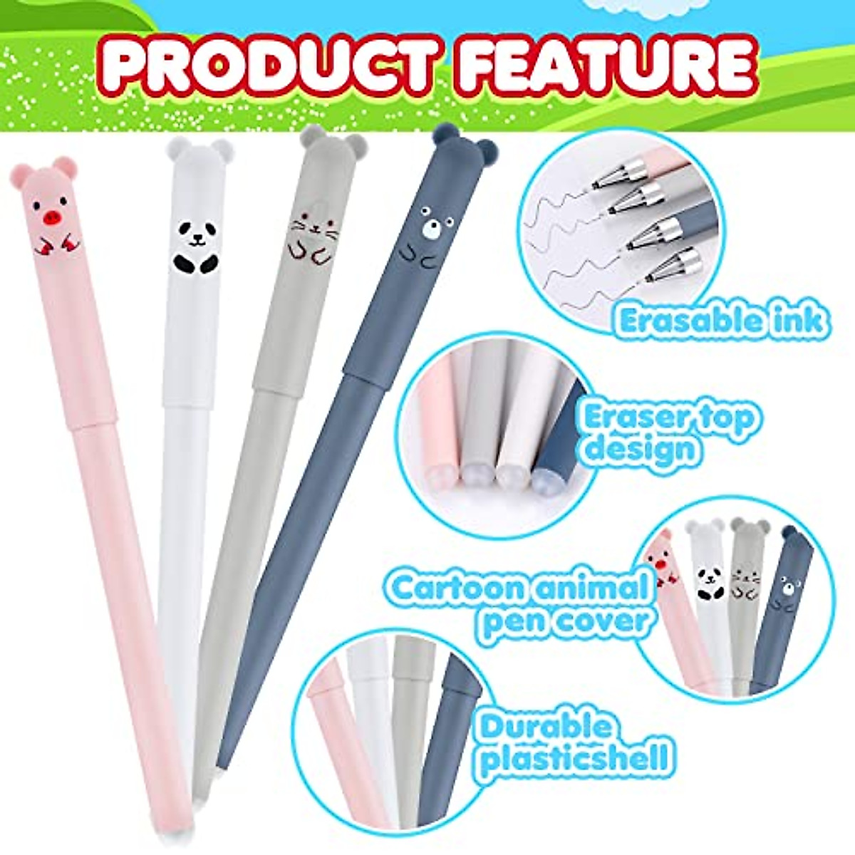 TIESOME 8 Pack Erasable Pens, Cute Cartoon Animal Rollerball Pens Erasable 0.5 mm Black Ink Gel Pens Friction Pens for Kids Students School Study Supplies Office Gift (8 Pens black ink)