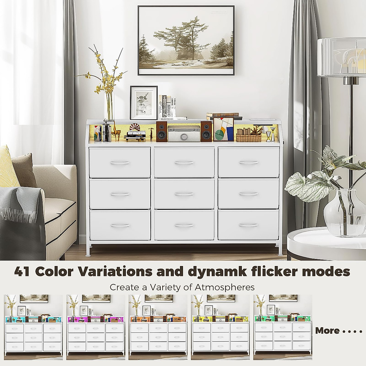 White Dresser for Bedroom, 9 Drawers Dresser with LED Lights & Charging Station, Large Fabric Dresser with PU Finish, Kids Adults Chest of Drawers with Sturdy Frame for Entryway Closet Living Room