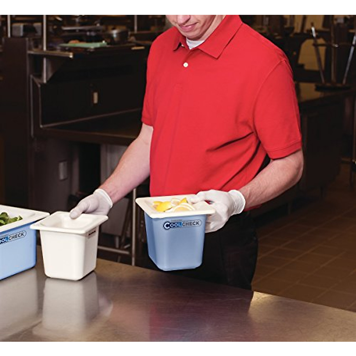 Carlisle FoodService Products CM1104C1402 Coldmaster CoolCheck 6" Deep Sixth-Size Insulated Cold Food Pan, 1.6 Quart, Color Changing, White and Blue