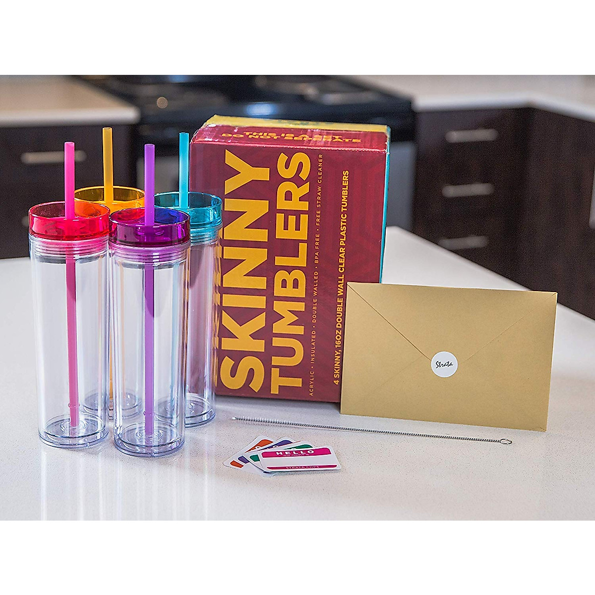 STRATA CUPS BUNDLE! 4 Pack 16 oz Transparent Acrylic Tumblers with Lids and Straws + 4 Colored 16 oz Skinny Tumblers