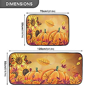 Sunflower Pumpkin Kitchen Rugs 2 Pieces, Maple Leaves Floor Mat Room Area Rug Washable Carpet Perfect for Living Room Bedroom Entryway