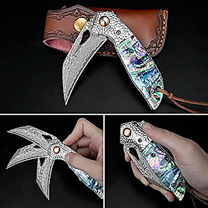 KOMWERO Damascus Pocket Knife for Men, VG10 Core Damascus Steel Folding Knife with Ball Bearing, Liner Lock, Abalone Shells Handle, Leather Sheath, Sharp EDC Knife for Gift Collection
