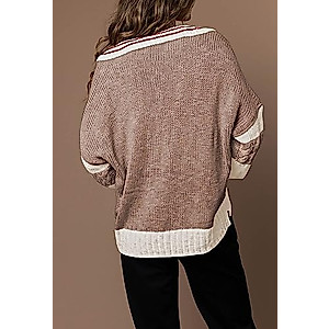 Women's 2023 Fall Casual Oversized Pullover Sweaters Lapel Collar V Neck Long Sleeve Cable Knit Striped Jumper Top Brown L