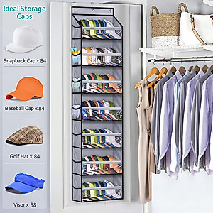 KIMBORA 7 Tier Hat Rack for Baseball Caps, Over Door Baseball Hat Organizer Hold 80 Hat Storage for Closet/Wall with 14 Side Mesh Pockets Cap Holder (Gray)