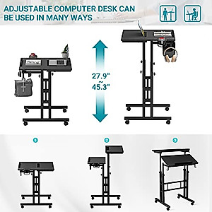 Klvied Mobile Standing Desk with Cup Holder, Portable Stand Up Desk, Adjustable Height Small Standing Desk, Rolling Desk with Wheels, Home Office Laptop Cart, Computer Desk for Standing or Sitting