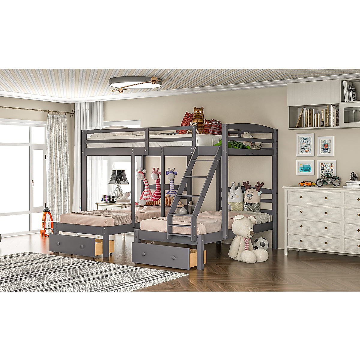 Full over Twin & Twin Bunk Bed,Triple Bunk Bed Frame for Boys Girls Kids Adults Toddler with Drawers, Gray