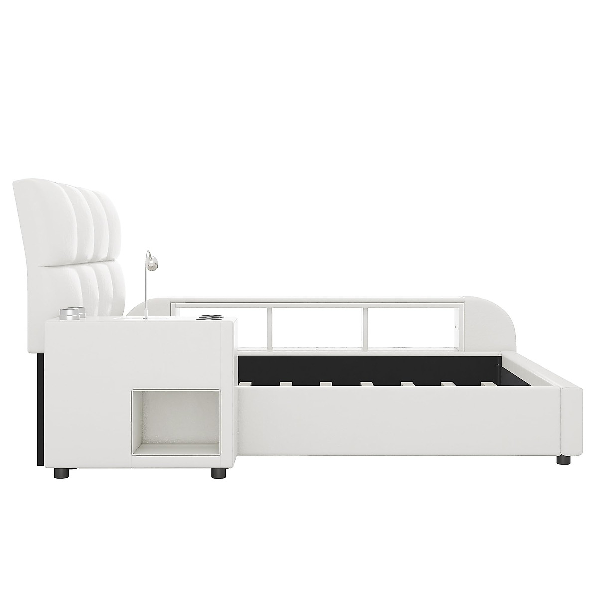 EOVTK Queen Size Upholstered Platform Bed with Built-in Multimedia Nightstand and Storage Shelves, Faux Leather Platform Bed Frame with 2 Cup Holders, Light and Charging Station, White