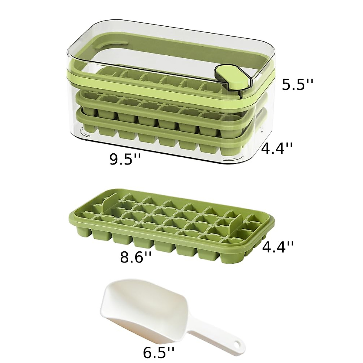 GOHOLE Ice Cube Trays for Freezer with Lid and Bin, 64 Ice Cubes, 2 Trays, Container, Lid & Ice Scoop (Green)