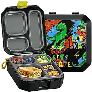 Itslife Bento Lunch Box for Kids, 3-5 Compartment with Leak Proof, 35oz Lunch Containers for Toddler, Dishwasher Safe, BPA Free, Ideal Portion 10 Designs for Kids School Gift (Black Dinosaur)
