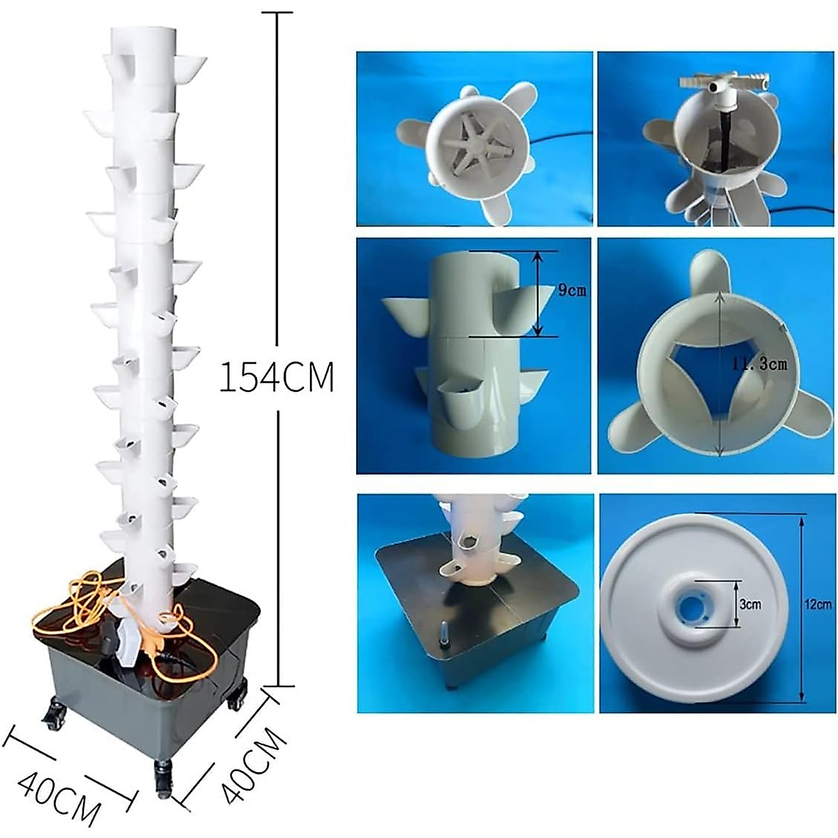 Hydroponic Tower, Aquaponic Culture System 45 Holes Net Pots Aeroponic Kit 15 Layers for Herbs, Fruits and Vegetables with Hydrating Pump, Adapter