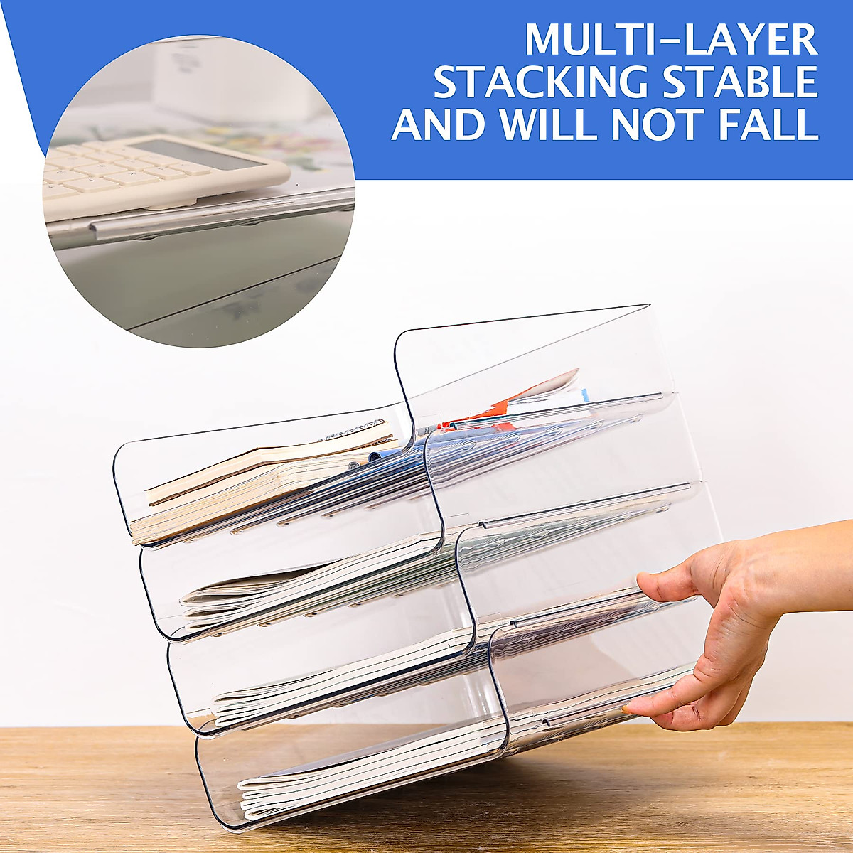 CiWiVOKi Set of 4 Office Organization and Storage, Clear PET Letter Tray Desk Organizer, Stackable Paper Tray Organizer for Desk Accessories, Notes, Pens, File Paper, Document