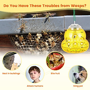 Solar Wasp Trap Outdoor Hanging, New Upgrade LED Blue Light Bee Traps Catcher, Wasp Insect Killer, Solar Panel Non-Toxic Reusable Hornet Yellow Jacket Trap for Garden, Yard (Yellow-2 Pack)