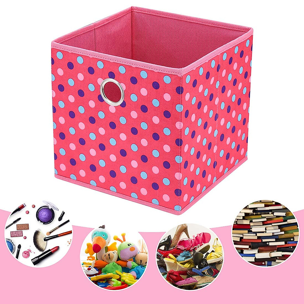 i BKGOO Foldable Storage Cube Drawer Bins Set of 4 Collapsible Fabric Storage Boxes with Round Metal Grommets for Organizing Shelf Nursery Home Closet Dots Pink 10x10x10 inch