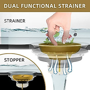 EXAKEY Kitchen Sink Drain Assembly Gold Sink Drain Strainer with Fixed Post 3-1/2 Inch Kitchen Drain with Strainer Basket and Drain Stopper for Standard Kitchen Sink Stainless Steel Brushed Gold