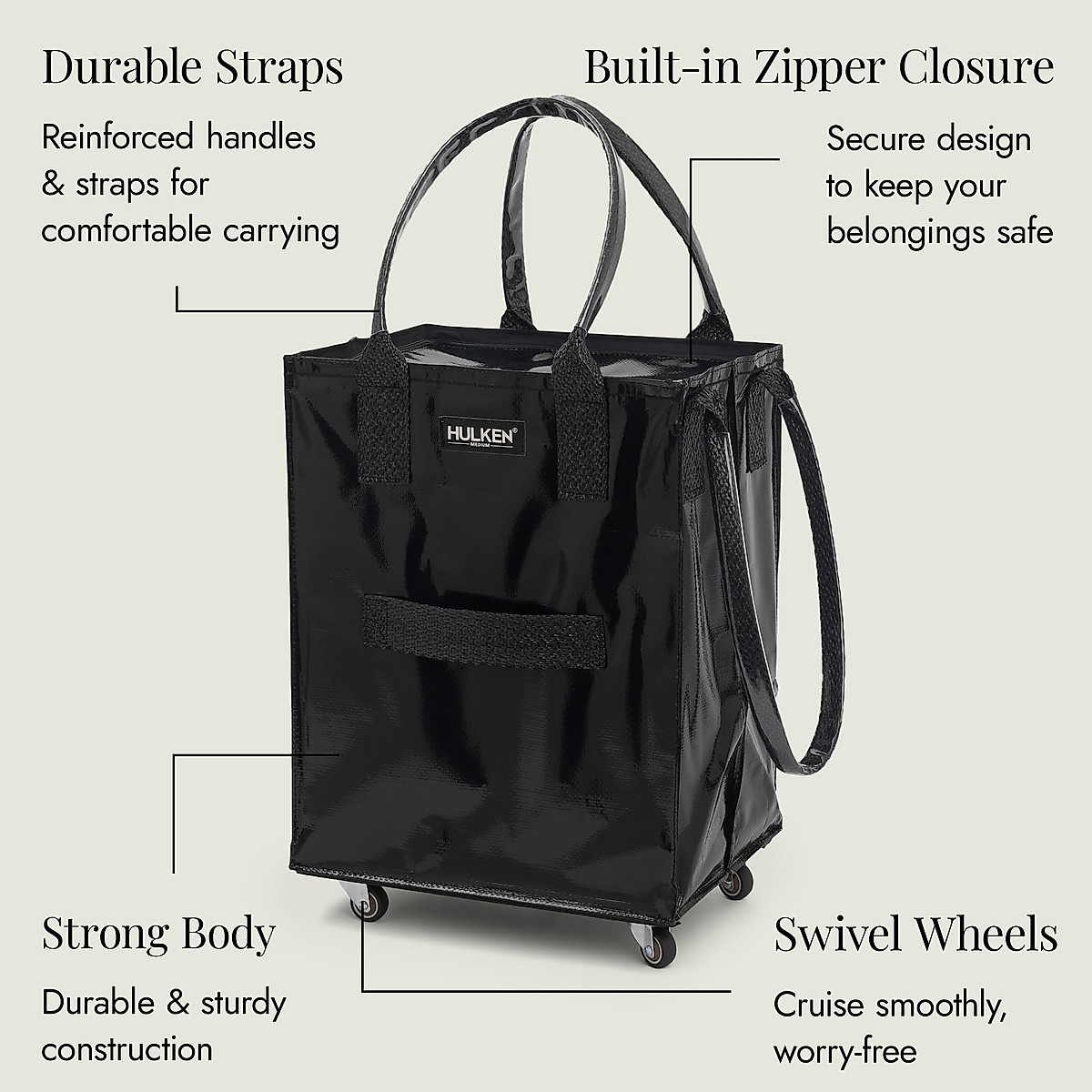 HULKEN - (Medium, Rose Gold Reusable Grocery Bag On Wheels, Shopping Trolley, Lightweight, Carries Up To 66 lb, Folds Flat, Unbreakable Handles