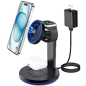 Magnetic Wireless Charger 3 in 1 - NANAMI Fast Wireless Charging Station for Multiple Devices Mag Safe Charger Stand for Apple Watch Series 8/7/SE, Phone Charger Dock for iPhone 15/14/13/12, AirPods
