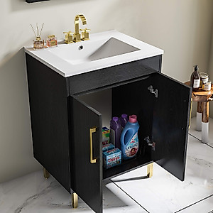 phiestina 24 Inch Black Bathroom Vanity with Ceramic Countertop Sink Combo, 2 Doors Black Bathroom Cabinet Set, BV01-MGD-BLACK