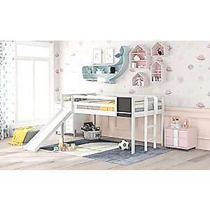 MWrouqfur Twin Over Twin Metal Bunk Bed, Low Bunk Bed with Safety Ladder and Children's Slide for Kids Teenagers, Saving Space, Easy Installation(White)