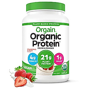 Orgain Organic Vegan Protein Powder, Strawberries & Cream - 21g of Plant Based Protein, Low Net Carbs, Gluten/ Lactose Free, No Sugar Added, Soy Free, Non-GMO, 2.03 Lb