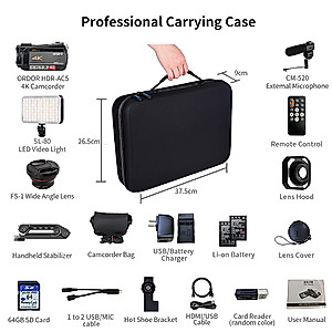 ORDRO 4K Video Camera Camcorder AC5 UHD Camcorder with 12x Optical Zoom 3.1" IPS HD 1080P 60FPS Digital WiFi Vlog Camera Camcorder with Microphone, Video Light, Wide Angle Lens and 64G SD Card