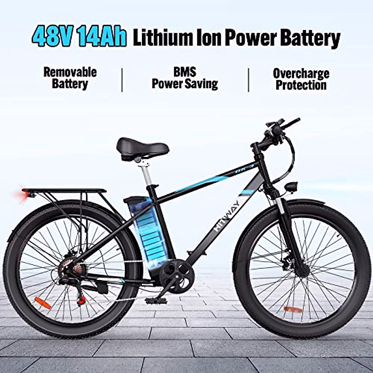 HITWAY Electric Bike for Adults, 750W/48V/14Ah Ebike with Removable Battery, 20MPH/35-75Miles Bicycle 26'×3.0 Fat Tire, Mountain E Men Women, Shimano 7-Speed Transmission, IP54, BLACK, (BK3M)