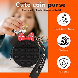 Besoar Black Bow Coin Purse for Girls Kids Women Teen Child Fidget Fidgets Toy Toys Change Purses Coins Cute Beauty Kawaii Small Mini Zipper Silicone Pouch Keychain Cartoon Design Cool Pouches