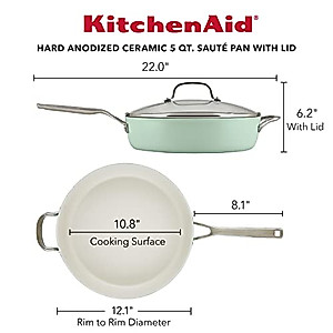 KitchenAid Hard Anodized Ceramic 5-Quart Nonstick Sauté Pan with Shatter-Resistant Lid & Riveted Handle – Durable, Even Heating, Easy Clean, Oven Safe to 500°F, Pistachio