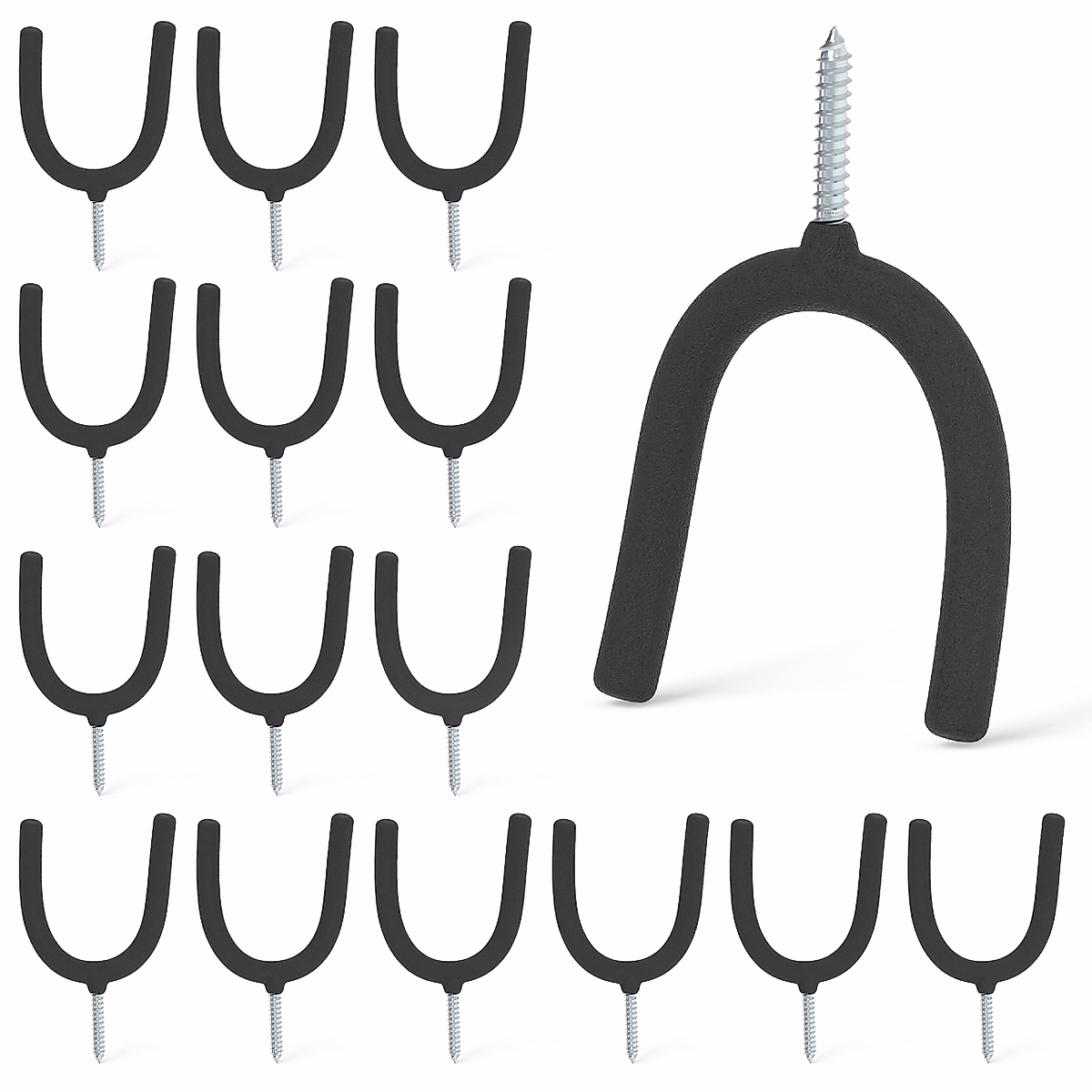 HUHOLE Screw in U Hook, Black, 16PC, Shovel Holder Wall Mount, U Hooks for Hanging Garden Tools