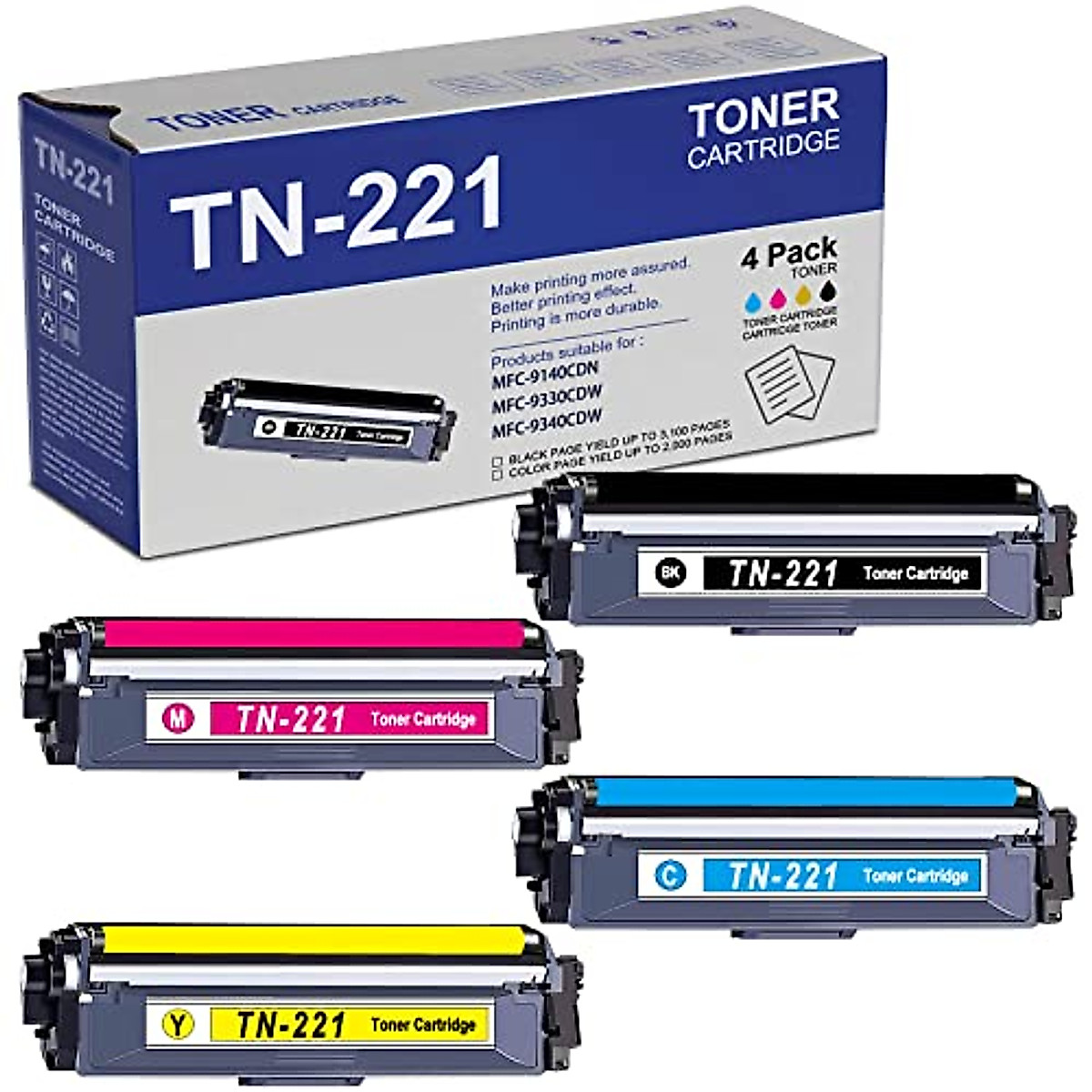 FOJY 4 Pack 1Black 1Cyan 1Magenta 1Yellow TN221 TN 221 Compatible Toner Cartridge Replacement for Brother Black+Color ‎6.25 x 45.75 x 4.25 inches FO TN221-4PK FO TN221-4PK