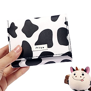 MOZXIRZ Women Girls Wallet Cute Cow Print Tri-Fold Wallet PU Leather Purse Slim Small Short Wallet Cartoon Trifold Cash Card Holder Bag (Black Cow)